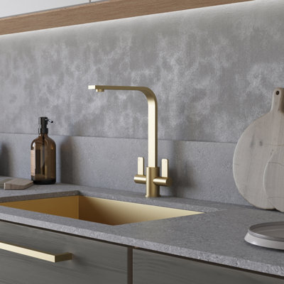 Twin Lever Kitchen Mixer Tap, Brushed Brass Finish, Modern & Stylish ...