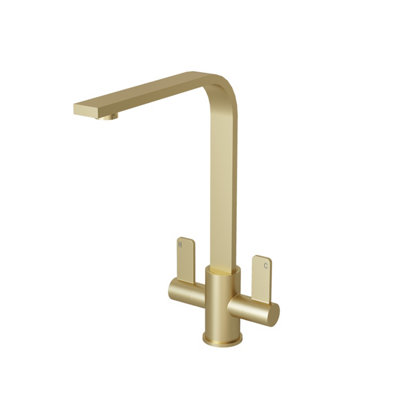 Twin Lever Kitchen Mixer Tap, Brushed Brass Finish, Modern & Stylish ...