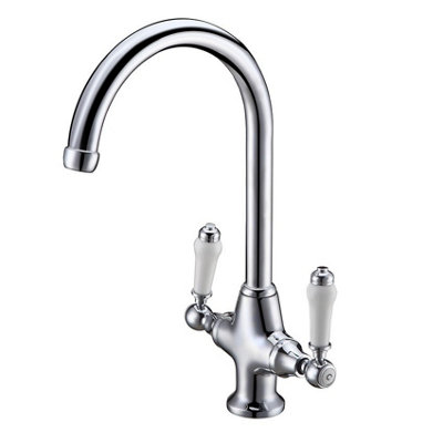 Twin Lever Traditional Mono Kitchen Sink Mixer Brass Tap Spout Ceramic ...