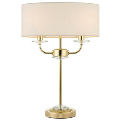 Twin Light Table Lamp 2 Bulb Brass & White Shade Crystal Trim Bedside ...