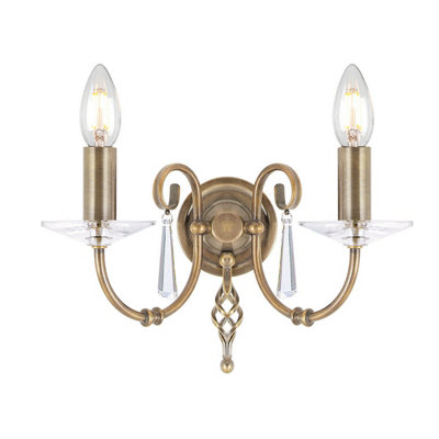 Twin Wall Light 2 Cut Glass Droplets Swirl Finial Aged Brass LED E14 ...
