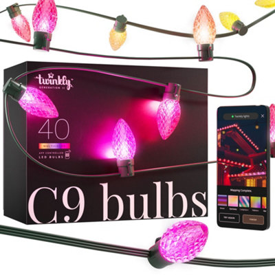 Twinkly C9 Bulbs String - 40 RGB LED, Faceted, Green Wire, Plug Type G ...