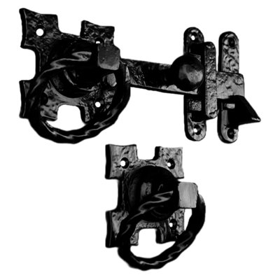 Twisted Ring Gate Latch Square Fleur de Lys Black Antique 200mm Garden ...