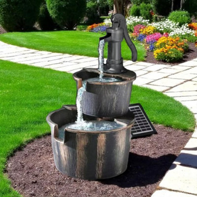 TWO TIER BARREL SOLAR WATER FEATURE OUTDOORS