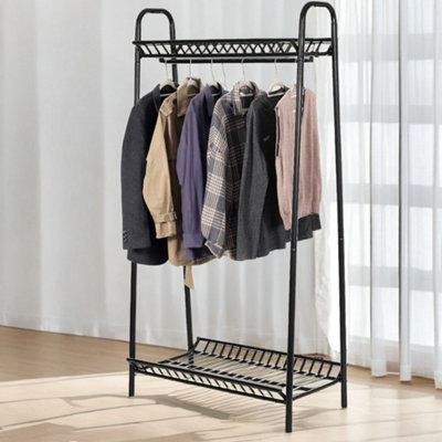 Two Tier Vintage Style Black Steel Clothes Rack with Two Storage Shelves
