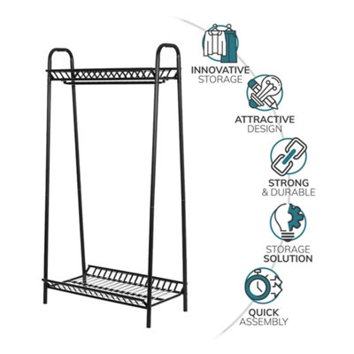 Two Tier Vintage Style Black Steel Clothes Rack with Two Storage Shelves