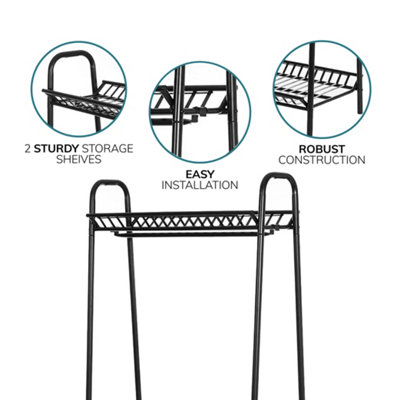Two Tier Vintage Style Black Steel Clothes Rack with Two Storage Shelves