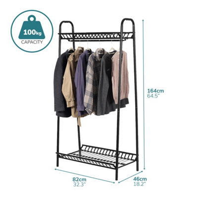 Two Tier Vintage Style Black Steel Clothes Rack with Two Storage Shelves