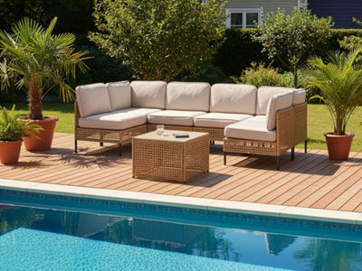U-Shape Garden Sofa 6 Seater OMEGANA Modular PE Rattan Light Beige