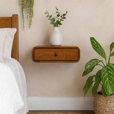 Udine Wall-Mounted Mango Wood Bedside Table with Drawer, Chestnut, 45 x ...