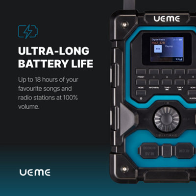 UEME 16W Rugged DAB, DAB+, FM Cordless Site Radio, Bluetooth, AUX ...