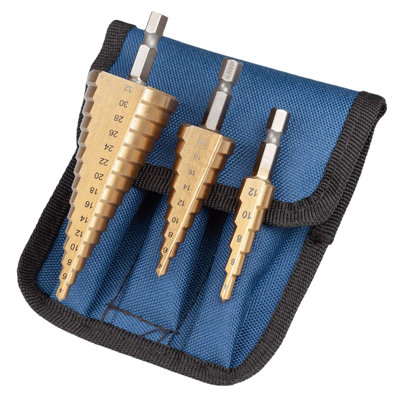 UK Drills HSS Step Drill Bits Set Titanium Coated 3pc 4-32mm for Drilling on Hard Metal ...