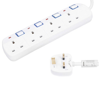 UK Plug 4 Gang Way Socket Extension lead Adaptor Individually Switched Sockets 3pk