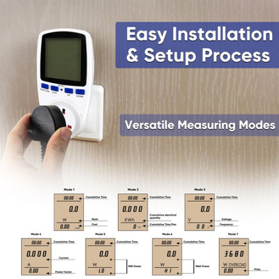 UK Plug In Electricity Power Consumption Meter Energy Monitor Watt Kwh ...