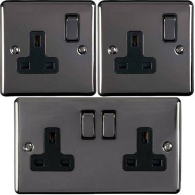 UK Plug Socket Pack -1x Twin & 2x Single Gang- BLACK NICKEL / Black 13A ...