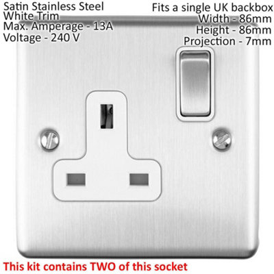 UK Plug Socket Pack -1x Twin & 2x Single Gang- SATIN STEEL / Grey 13A ...