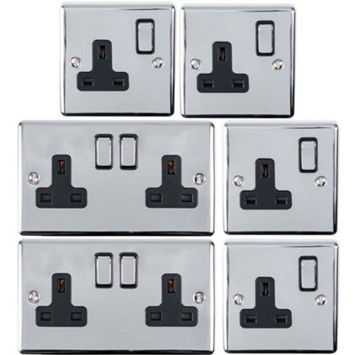 UK Plug Socket Pack -2x Twin & 4x Single Gang- CHROME / Black 13A ...