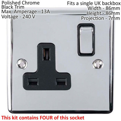 UK Plug Socket Pack -2x Twin & 4x Single Gang- CHROME / Black 13A Switched