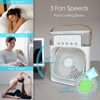 UK Portable 3-Speed Desk Air Cooler, Humidifier & 7-Colour LED Fan