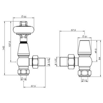 UK Radiators 1/2BSP 15mm Angled Silver Nickel Traditional Thermostatic ...