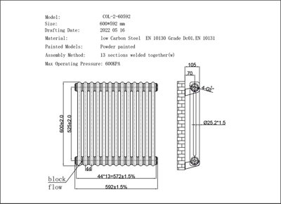 UK Radiators 2030BTU H600mm x W592mm Anthracite 2 Column Horizontal ...