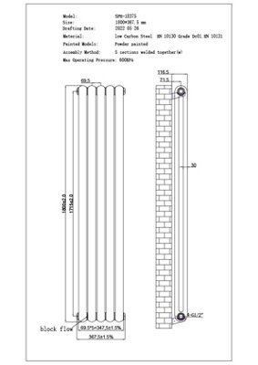 UK Radiators 3644BTU H1800mm x W368mm Black Round Tube Vertical ...