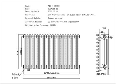 UK Radiators 5640BTU H600mm x W988mm White 4 Column Horizontal ...