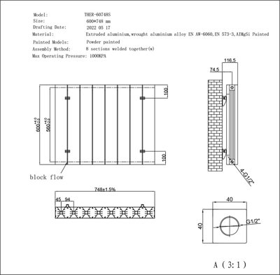 UK Radiators 600W H600mm x W748mm Black Electric Flat Tube Horizontal ...
