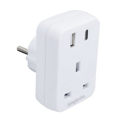 UK To EU Travel Socket Adaptor 2 Pin to 3 Pin Plug + C / USB Charging ...