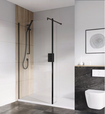 UKBathrooms Essentials 700mm wet room panel 8mm Black with 90 bracing ...