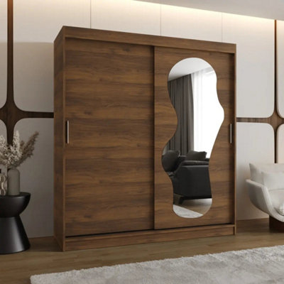 Ultra 180cm Oak Walnut Sliding Door Wardrobe with Mirrored Accent Panel