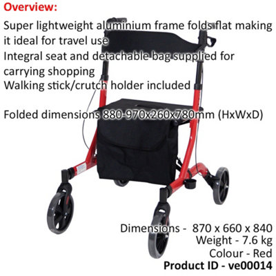 Ultra Lightweight Red Aluminium 4-Wheeled Rollator for Easy Mobility ...
