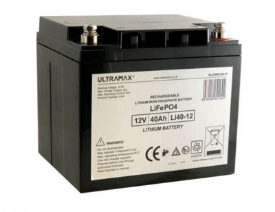 Ultramax 12v 40Ah LiFePO4 Battery, 50A Max. Discharge Current Charger ...