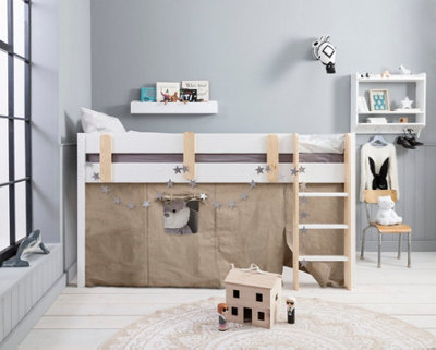 Una Midsleeper Kids Solid Wood Cabin Bed & Tent in Classic White