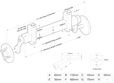 Unbraked Torsion Axle 4 on 4" PCD - 750kg