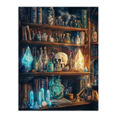 Unframed Wall Art Alchemist Bookshelf Skull Magic Potions - 12X16 inch