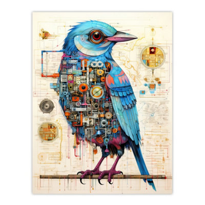 Unframed Wall Art Bird Brain Robot Hybrid Schematic Blue Futuristic ...