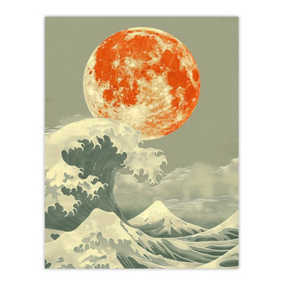 Unframed Wall Art Bright Orange Moon Over Ocean Waves Japanese Edo ...
