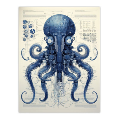 Unframed Wall Art Octopus Robot Hybrid Schematic Blue Futuristic Secret ...