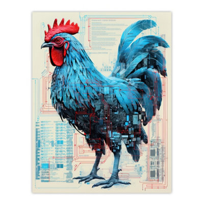 Unframed Wall Art Robo Rooster Robot Hybrid Schematic Blue Futuristic ...
