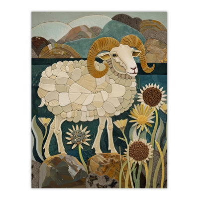 Unframed Wall Art Rocky Mountain Bighorn Sheep Mosaic Floral - 12X16 inch