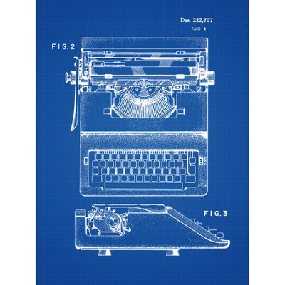 Unframed Wall Art Typewriter Blueprint - 12X16 inch