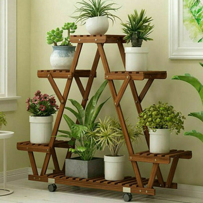 Buy UNHO Movable Wood Flower Shelf Plant Display Stand Outdoor Indoor ...