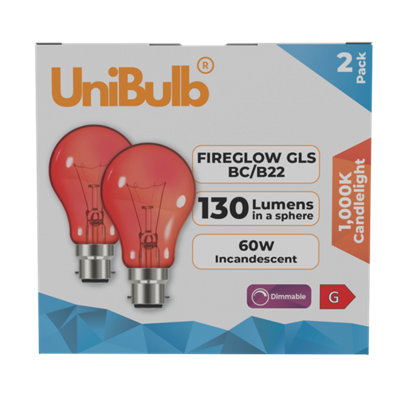 UniBulb B22 GLS 60W 1000K Fireglow Red Light Bulb - Pack of 2