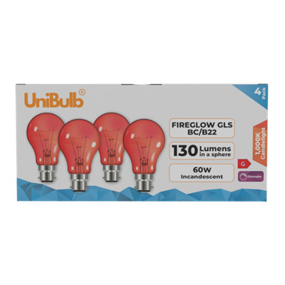 UniBulb B22 GLS 60W 1000k Fireglow Red Light Bulb - Pack of 4