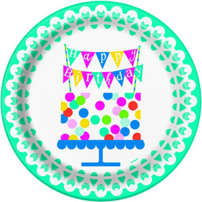 Unique Party Cake Birthday Party Plates (Pack of 8) Multicoloured (One ...