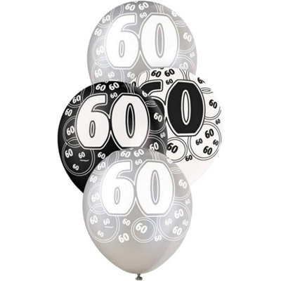 Unique Party Latex Glitz 60th Birthday Balloon (Pack of 6) Black/Silver ...