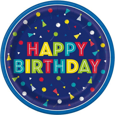 Unique Party py Theme Happy Birthday Party Plates (Pack of 8) Blue (9in)