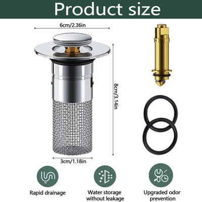 Universal Push-Type Sink Stopper, 34-40mm, with Hair Strainer, Anti ...