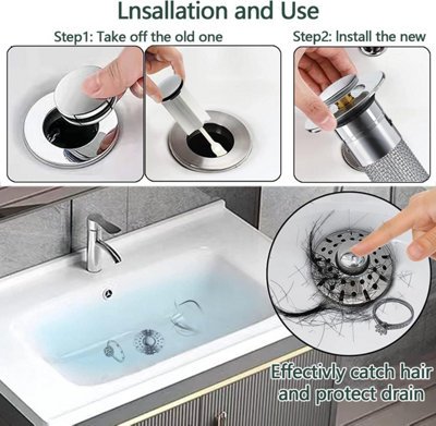 Universal Push-Type Sink Stopper, 34-40mm, with Hair Strainer, Anti ...